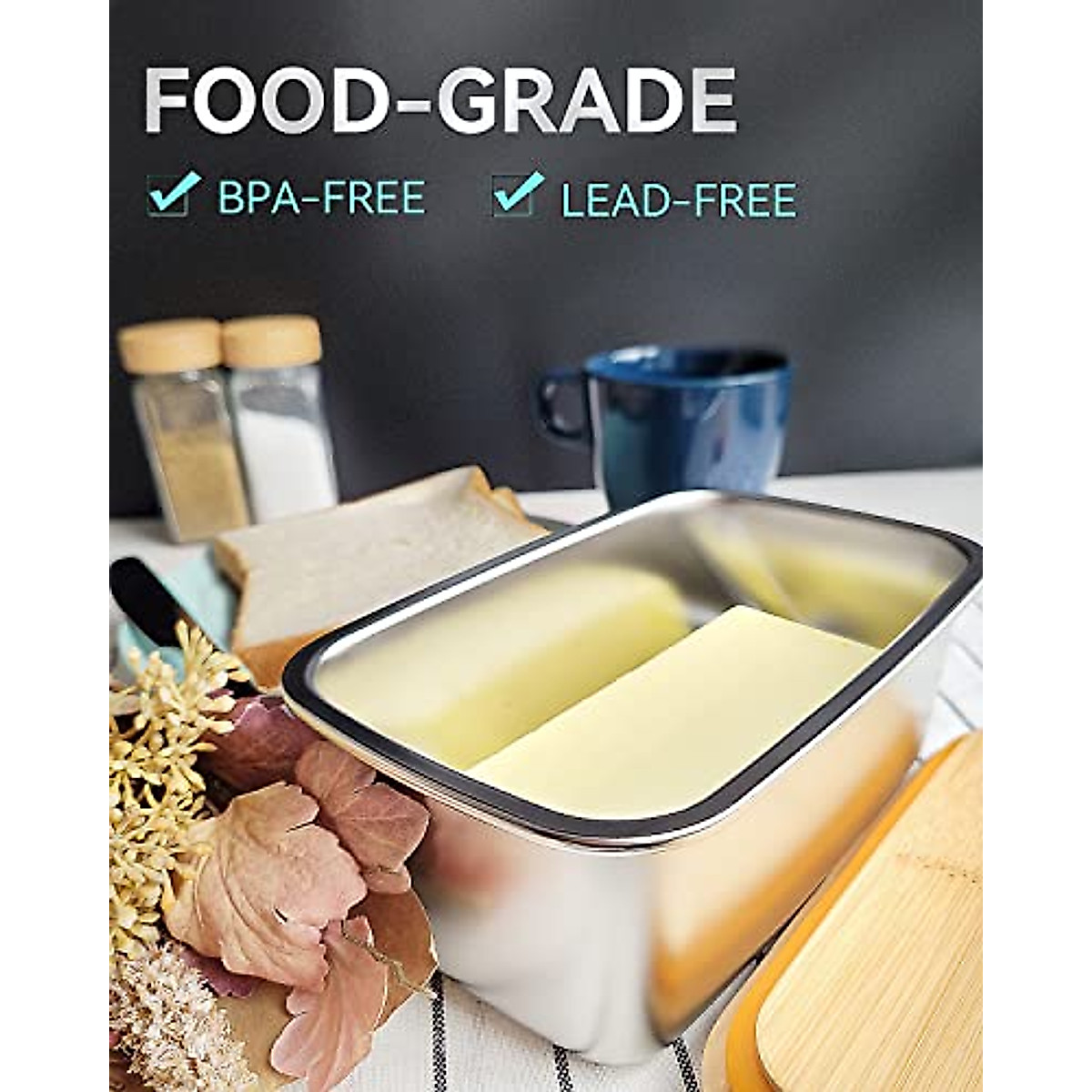 KEOAMG Butter Dish with Lid for Countertop, Large Stainless Steel Butter Dish Container with Silicone Seal for Refrigerator, Sturdy Butter Dish Keeper Holds 2 Sticks or a Normal 8oz European Butter