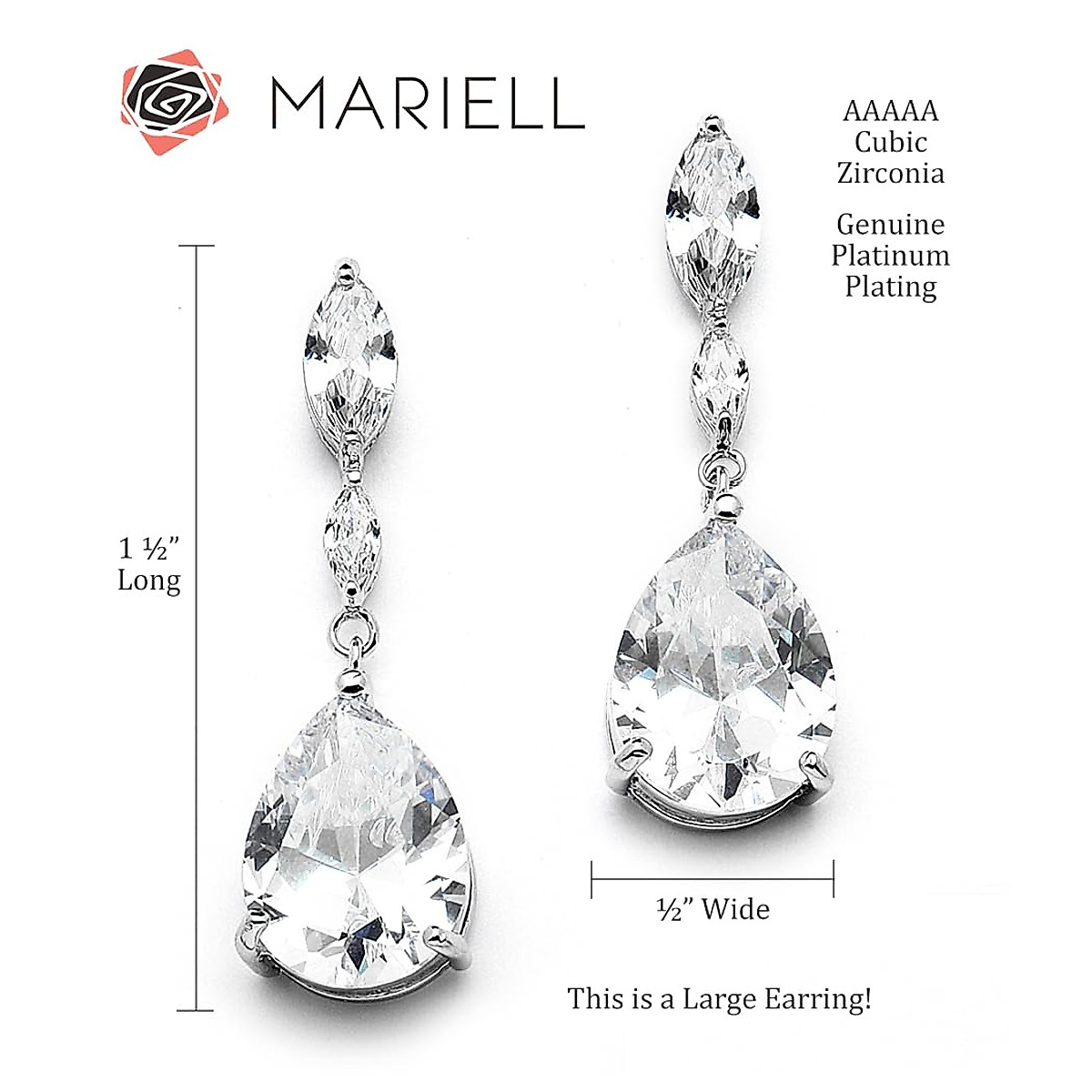 Mariell Cubic Zirconia Crystal Teardrop Dramatic Size Dangle Bridal Earring with Platinum Plating for Wedding, Bridesmaid, Prom Jewelry Gift