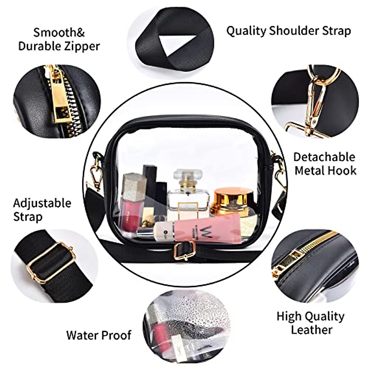 Armiwiin Clear Crossbody Bag, Stadium Approved Leather Clear Purse Bag with Adjustable Strap for Sports Concert Event