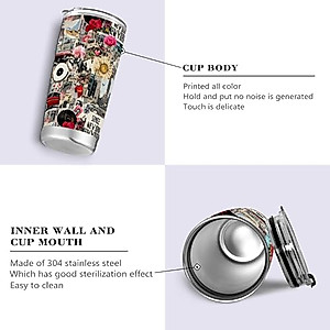 Retro Collage Style Unique Stainless Steel mugs for hot and cold with Straw Leak Resistant Flip coffee travel mug 20oz for Water, Iced Tea or Coffee Aesthetic travel coffee tumbler 20 OZ