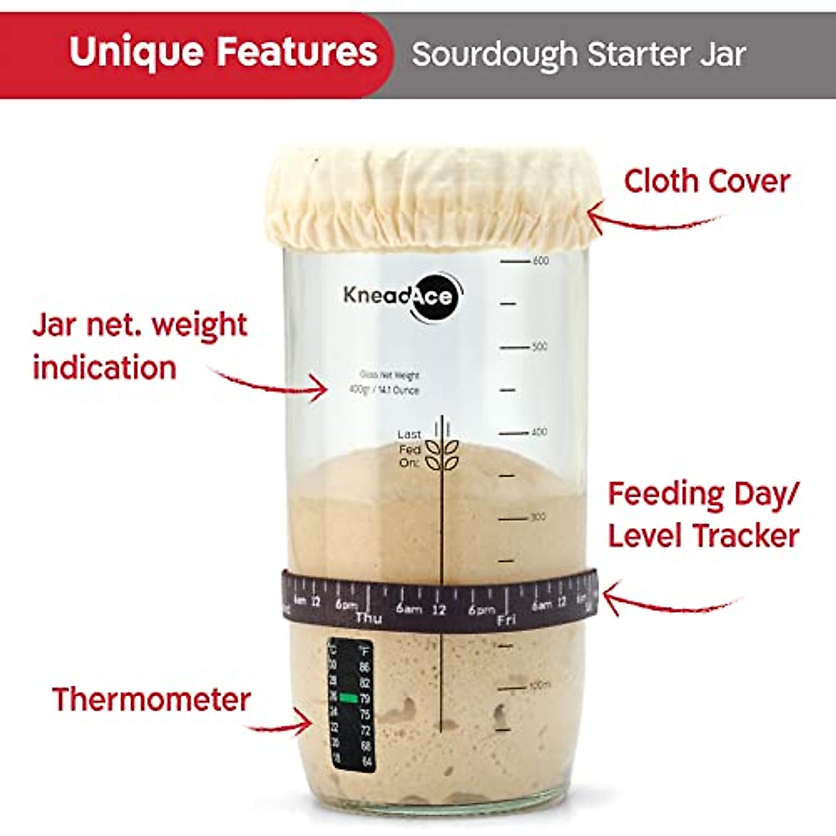 KneadAce Sourdough Starter Jar With Date Marked Feeding Band, Thermometer, Sourdough Jar Scraper, Sourdough Container Sewn Cloth Cover & Metal Lid, Sourdough Starter Kit For Sourdough Bread Baking