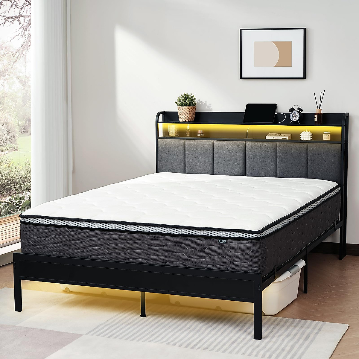 Z-hom Full Bed Frame with LED Lights Headboard, Full Size Heavy Duty Metal Hybrid Bed Frame Bed Base, Sturdy Upholstered Wooden Full Platform Bed with Charging Ports & Storage Shelves