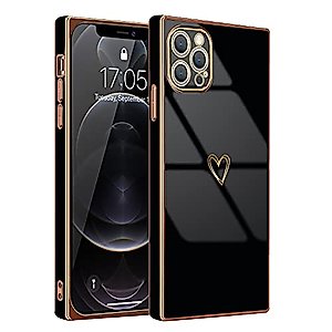 Pepmune Compatible with iPhone 12 Pro Max Case Women Cute Luxury Heart Design Girls Square Bling Shockproof Silicone Camera Lens Protective Cover For Apple iPhone 12 Pro Max Phone Cases Black 6.7 inch