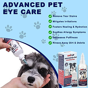 UNIPUP Dog Eye Wash 3.38 fl. oz and Eye Drops 0.34 fl. oz Set for Dogs and Cats to Flush and Soothe Eye Irritations, Dog Tear Stain Cleaner, for Allergies, Mucus, Irritation and Weepy Eyes