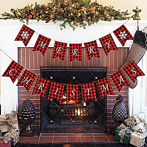 Jolik Merry Christmas Banner with Two Snowflake Flags - Buffalo Plaid Banner Decoration for Fireplace Wall Tree Christmas Decoration