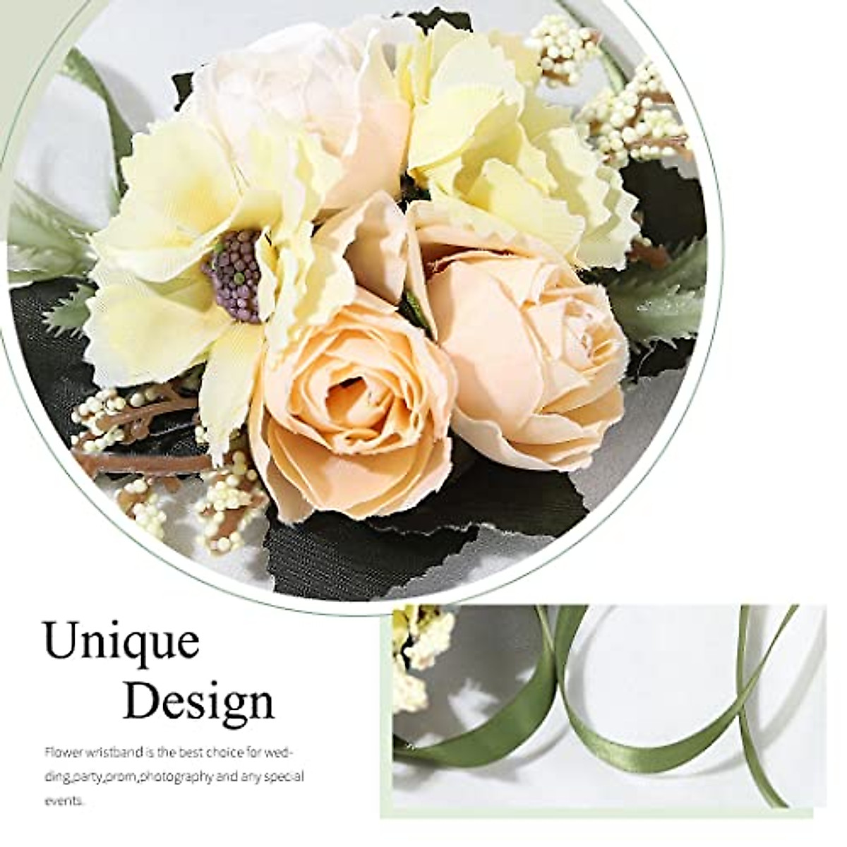 Yean Flower Bride Wedding Wrist Corsage Champagne Leaf Bridal Hand Flowers Whith Ribbon Floral Bridesmaid Corsages Wristlet Party Prom Decorations Accessories for Women and Girls