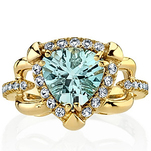 PEORA Aquamarine Homage Ring for Women 14K Yellow Gold with White Topaz, Genuine Gemstone Birthstone, 1.50 Carats Trillion Cut 8mm, Size 7