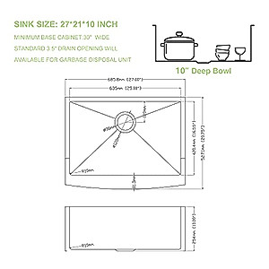 Lofeyo 27 Inch Farm Sink, Stainless Steel Farmhouse Sink Apron Front 16 Gauge Single Bowl Farm Kitchen Sink R10 Round Corner Basin