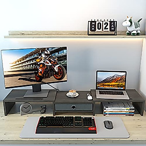 WESTREE Dual Monitor Stand Riser with Drawer, 3 Shelf Computer Monitor Riser with Adjustable Length and Angle, Desktop Monitor Stand Riser Storage Organizer for 2 Monitors