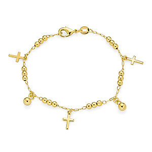 Christian Religious Spiritual Beads Bells Dangle Charm Multi Cross Bracelet for Women Teens 18K Gold Plated Brass 7.5 Inch