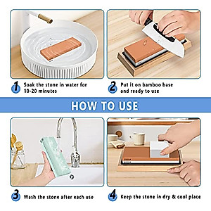 Knife Sharpening Stone Set, 4 Side Grit 400/1000 3000/8000 Whetstone, Professional Knife Sharpener, Knife Sharpening Stone Kit with Bamboo Base,Cut Resistant Gloves,Angle Guide and Leather Strop