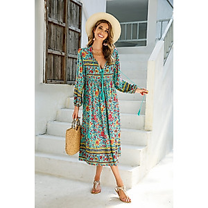 R.Vivimos Women's Long Sleeve Floral Print Retro V Neck Tassel Bohemian Midi Dresses (Medium, Green)