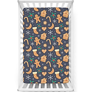 Christmas Fitted Crib Sheet,Gingerbread Man Snowflake Print Pattern,Portable Mini Crib Sheets Soft and Breathable Bed Sheets - Great for Boy or Girl Room or Nursery,24“ x38“,Black Brown
