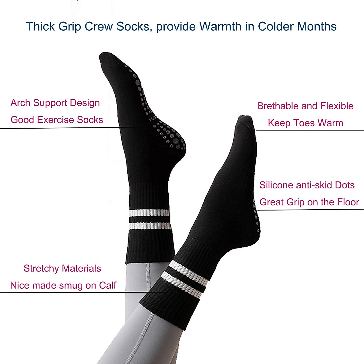 JCZANXI Yoga Socks with Grips for Women, Non Slip Grip Socks for Yoga, Pilates, Barre, Dance | Ideal Cushioned Crew Socks (Strip Black)