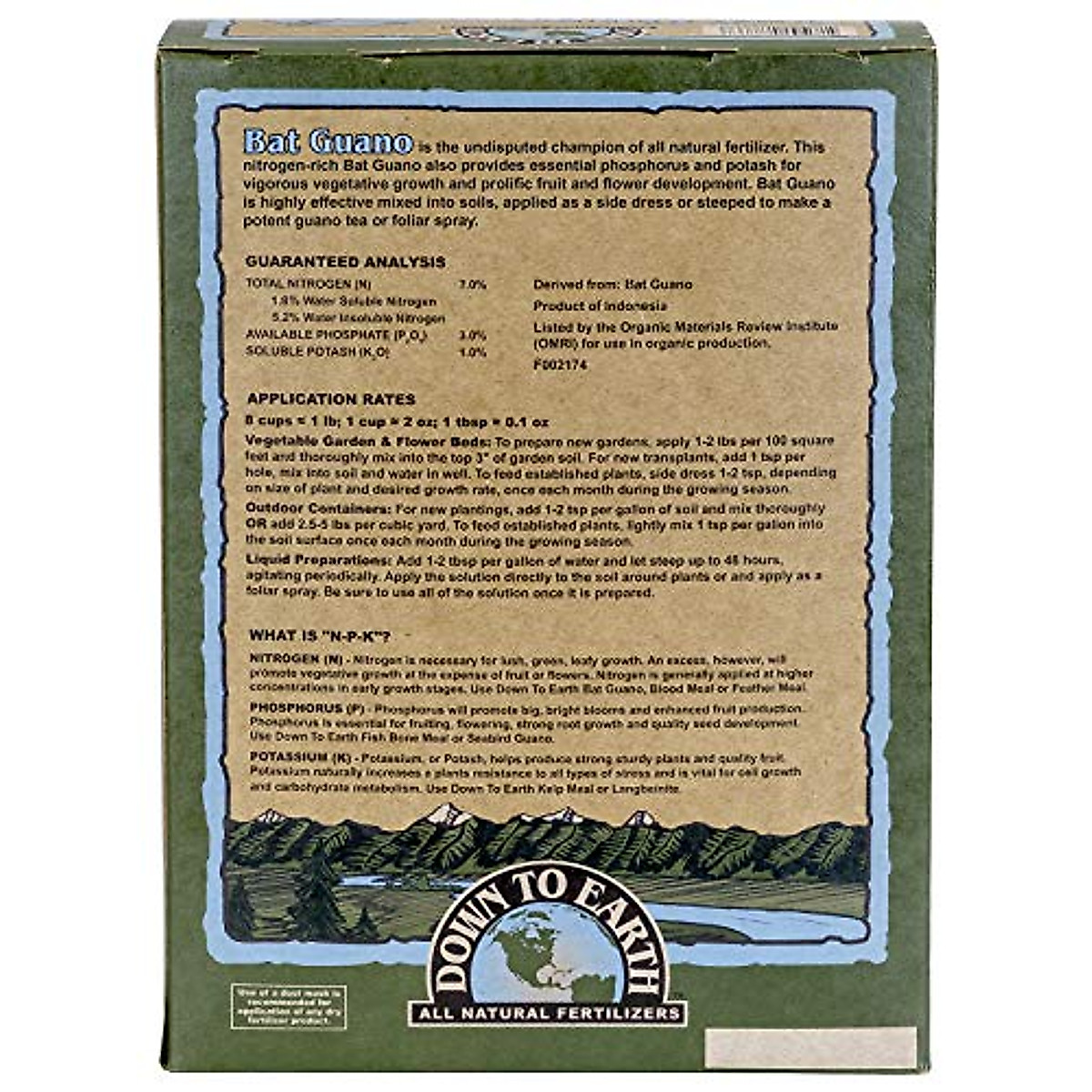 Down to Earth Organic Bat Guano Fertilizer Mix 7-3-1, 2 lb