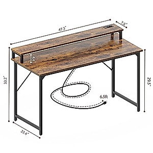 SUPERJARE 47 inch Computer Desk with LED Lights & Power Outlets, Home Office Desk with Monitor Shelf, Small Desk for Home & Office, Rustic Brown