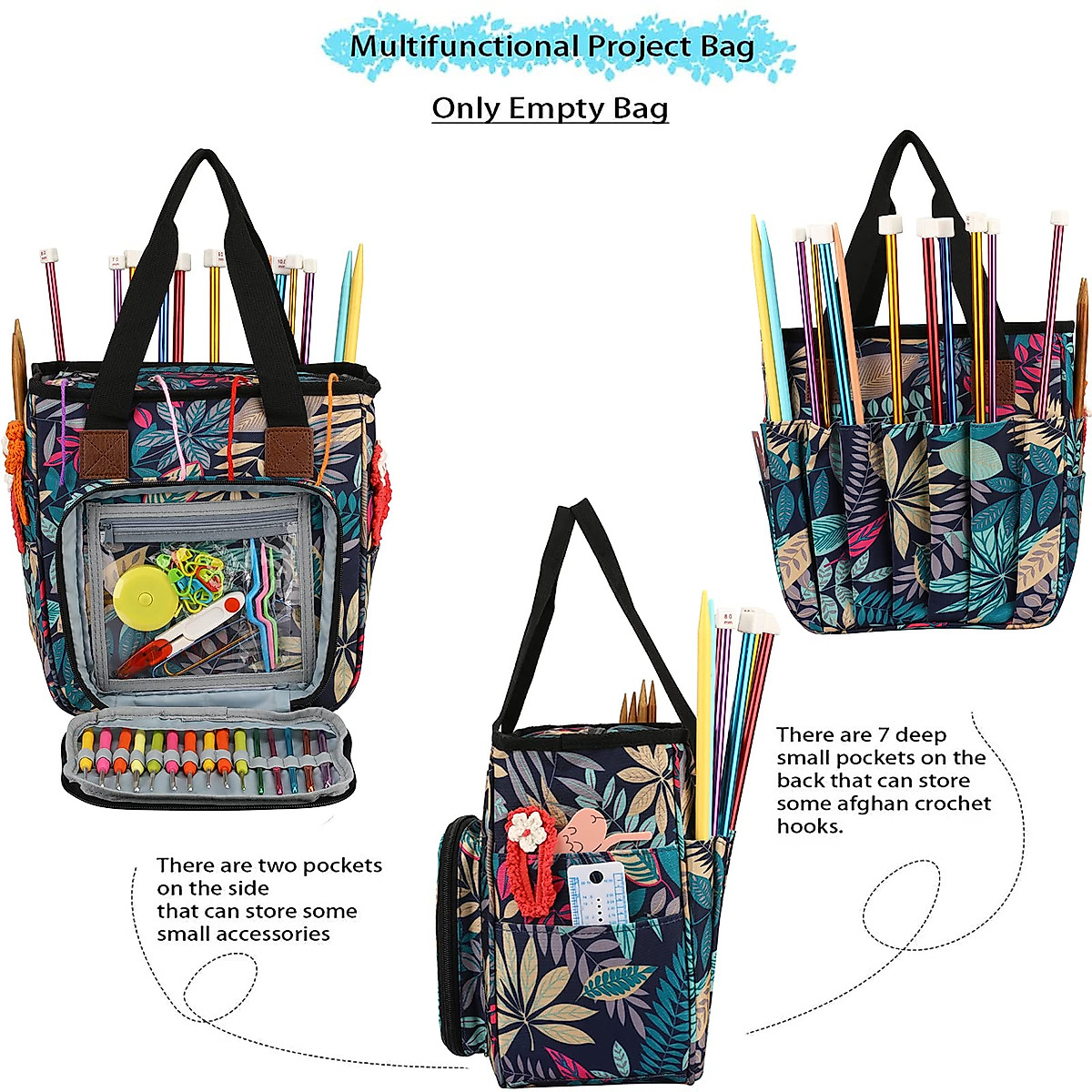 Looen Yarn Knitting Storage Tote-Large Capacity Crochet Organizer Portable Travel Bag With Shoulder Strap Crochet Hooks Case for Unfinished Bulk Project