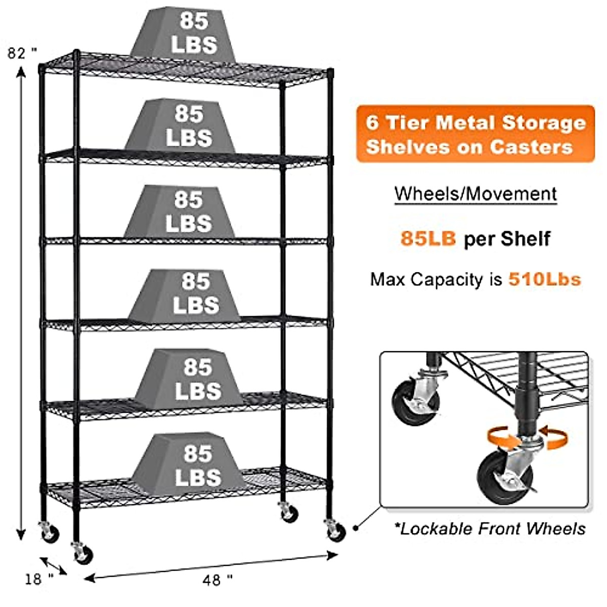 Wire Shelving Unit, Metal , with Wheels 6 Tier 2100lbs 48in L×18in W×82in H Storage Shelves Height Adjustable NSF Heavy Duty Steel Shelf Movable for Kitchen Garage Warehouse Commercial Rack, Black