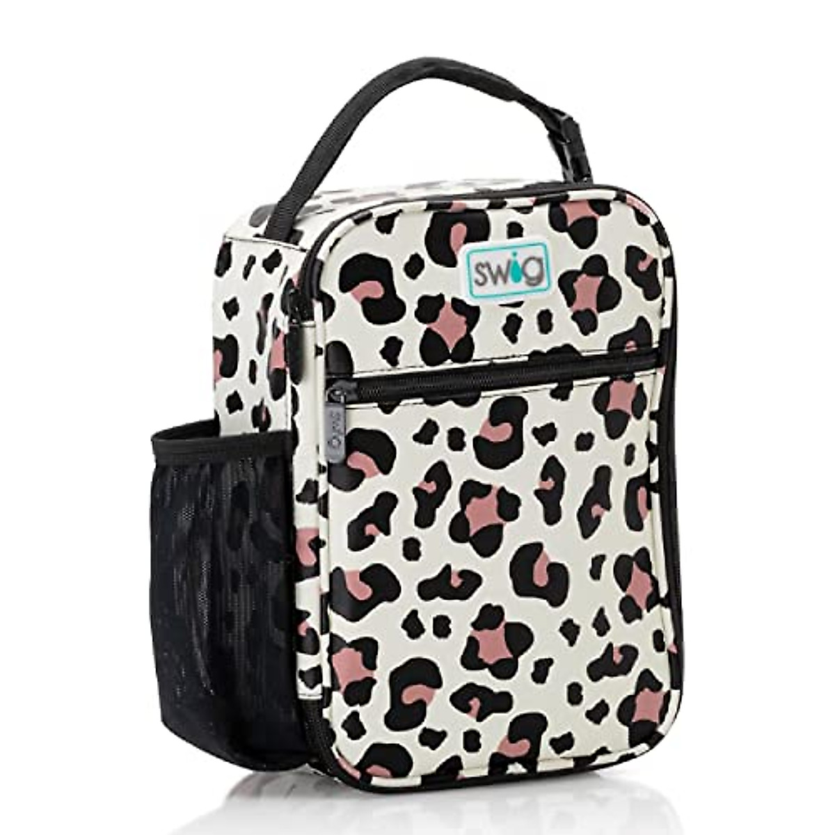 Swig Life Boxxi Lunch Box, Insulated Lunch Box for Women with Water Bottle Holder Side Pocket, Adjustable Meal Divider, Front Zipper Pocket, and Top Buckle Handle in Luxy Leopard Print