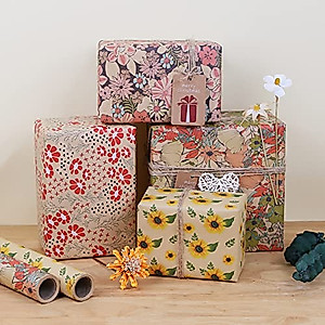 Aimyoo Kraft Floral Wrapping Paper Jumbo Roll, All Occasion Flower Gift Wrap Paper for Wedding Bridal Shower Birthday, 17 in x 60 ft