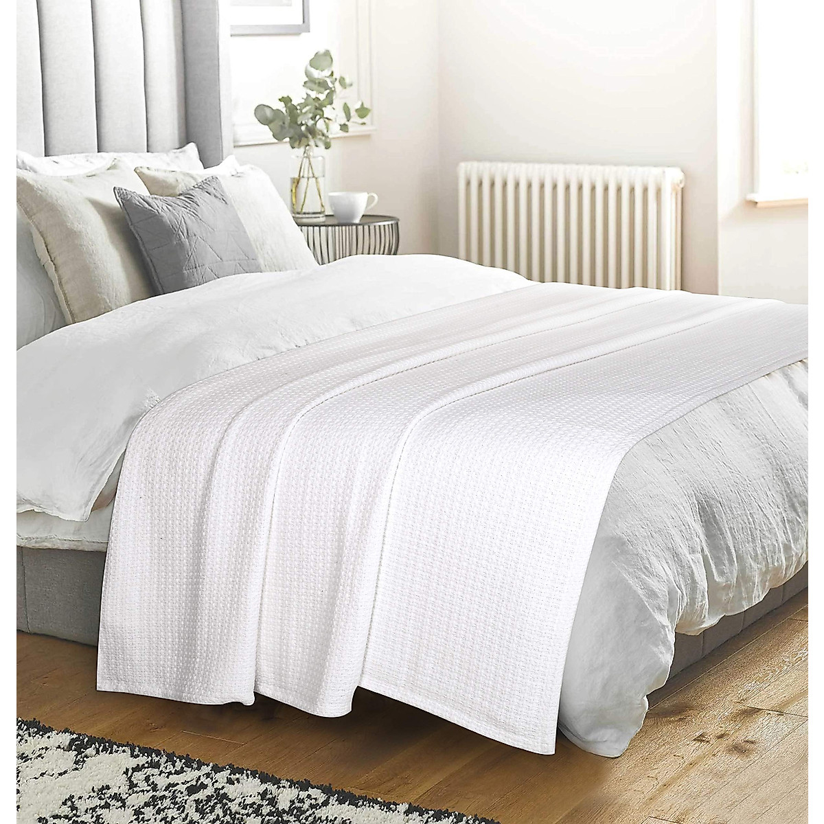 Elvana Home 100% Cotton Bed Blanket, Breathable Bed Blanket Full - Queen Size, Cotton Thermal Blankets Full - Queen, Perfect for Layering Any Bed for All Season, White