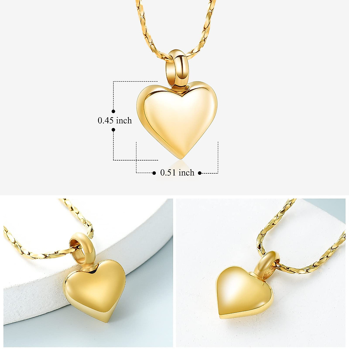 Imrsanl Small Heart Cremation Urn Necklace for Ashes Stainless Steel Memorial Ash Pendant Keepsake Jewelry (Gold)