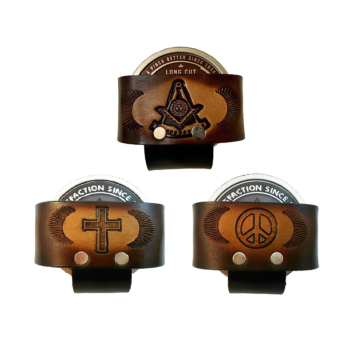 Leather Snuff Can Holder, Holster, Chew Dip Tobacco Case, Handcrafted, Many Tooled Designs