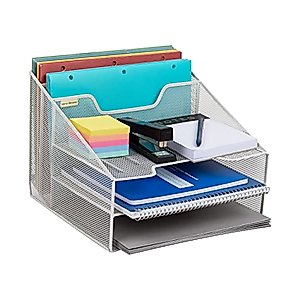 Mind Reader Network Collection, 3-Tier, 5-Compartment Desktop Organizer with 2 Vertical File Holders and 3 Horizontal Paper Trays, Desktop Organizer, Metal Mesh, White