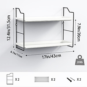 JANUS LiANG 2-Tier Floating Shelves for Wall Decor Storage with Metal Frame, Wall Shelves Set of 1, Wall Mounted Shelves for Bedroom, Living Room, Bathroom, Kitchen, Ledge Shelves, White