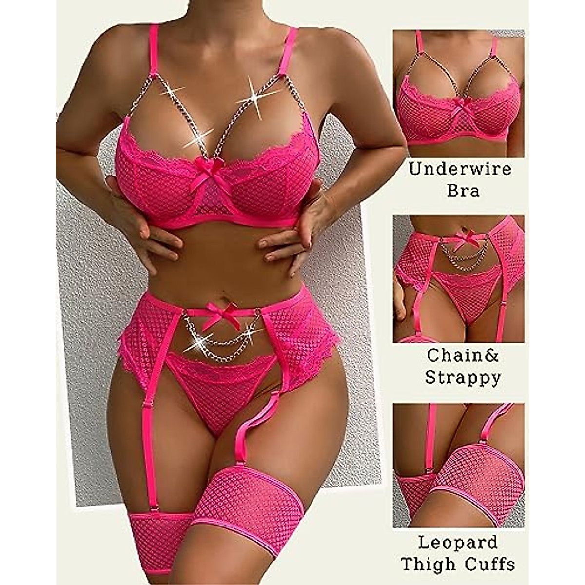Avidlove Sexy Sleepwear for Women 4 Piece Sets High Waist Underwear(Pink S)