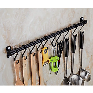 Gourmet Kitchen Utensil Rack with 6 Hooks, Wall Mounted Rail Wrought Iron Hanging Utensil Holder Rack with Removable S Hooks 16 Inch (Black-6 Hooks)