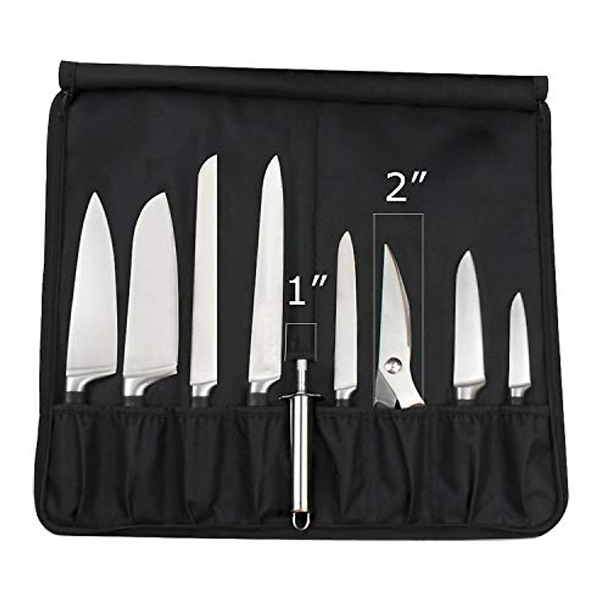 Tosnail Chef Knife Case Roll Bag with 15 Slots, Easy Carry Handle and Shoulder Strap - Black