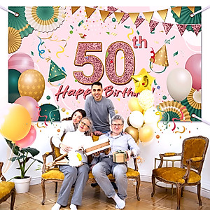 Bing-Haoze 50th Happy Birthday Backdrop - 71" x 44" Pink Happy Birthday Decorations Banner Party Decorations Supplies for Women Unforgettable 50th Birthday Celebrations!