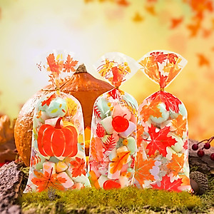 DERAYEE 120 Pieces Fall Cellophane Treat Bags, Fall Gift Bags Goodie Bags of Fall leaves for Kids Autumn Party Favor Supplies