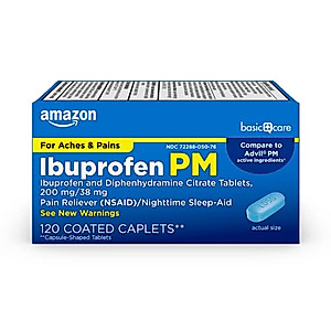 Amazon Basic Care Ibuprofen PM, Ibuprofen and Diphenhydramine Citrate Tablets, 200 mg/38 mg, Pain Reliever (NSAID)/Nighttime Sleep-Aid, 120 Count