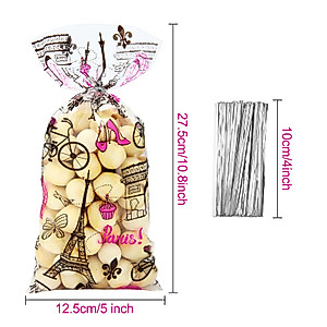 100 Pieces Paris Cellophane Treat Bags, Clear Plastic Pink Eiffel Tower Candy Goodie Bags with 100 Silver Twist Ties for Day in Paris Party Supplies
