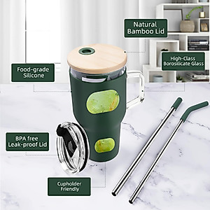 32 oz Glass Tumbler with Straw and Lid, Glass Water Bottle with Handle, Iced Coffee Tumbler with Silicone Sleeve, Christmas Gifts for Women Men, BPA Free Glass Cup Reusable Drinking Glasses