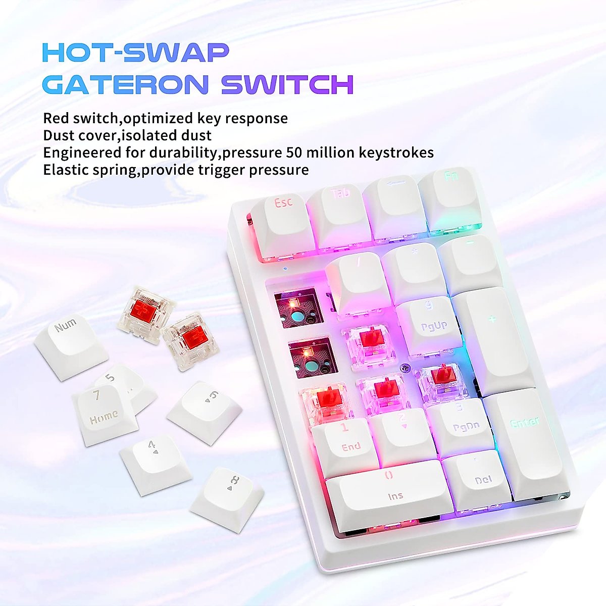 MOTOSPEED Mechanical Numeric Keypad Hot-Swap GATERON Switch Wired Gaming Keypad RGB Backlit PBT Keycap 21 Keys Mini Numpad Portable Keypad Extended Layout(Gateron Red)