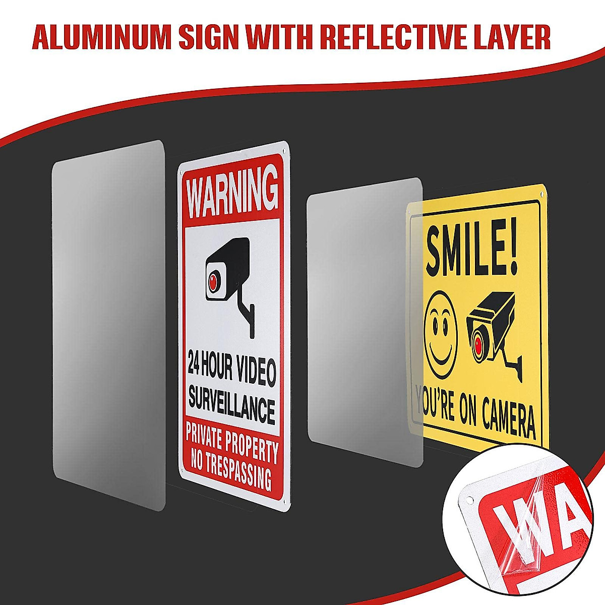 4 Pieces Smile You're On Camera Sign and Private Property No Trespassing Sign Video Surveillance Signs UV Printed 40 Mil Rust Aluminum Security Camera Sign for Home Business (Simple Style)