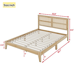 Queen Size Bed Frame with Rattan Headboard,Solid Wood Platform Bed with Strong Wooden Slats,Queen Bedframe,No Box Spring Needed, Natural