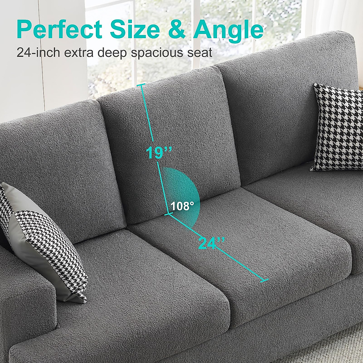 SENYUN 3-Seater Sofa Couch，Comfy Couch with Upholstered Cushions & Square Armrest,Modern Sofa with Deep Seats, Bouclé Home Sofa Couches for Living Room,Apartment,Bedroom,Office(Grey)