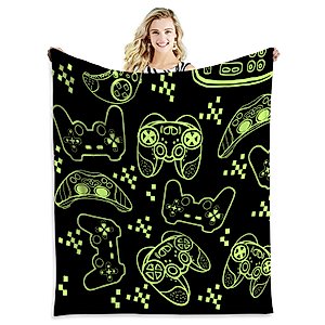 Tveinard Gaming Bedding Blanket Black Green Game Blanket Soft Fleece Gamer Throw Controller Blanket for Gamer Boys Kids 60 x 80 Inch