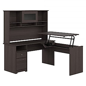 Bush Furniture Cabot 60W Single Pedestal Desk with Sit to Stand Return and Hutch, Heather Gray
