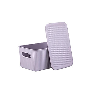 Superio Ribbed Collection - Decorative Plastic Lidded Home Storage Bins Organizer Baskets, Medium Lilac Purple (2 Pack - 5 Liter) Stackable Container Box, for Organizing Closet Shelves Drawer Shelf