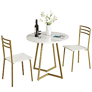 VECELO Small Round Dining Table Set for 2, Wood Marbled Tabletop with Steel Frame, Modern Dinette with Chairs for Kitchen Breakfast Nook Living Room, White and Gold