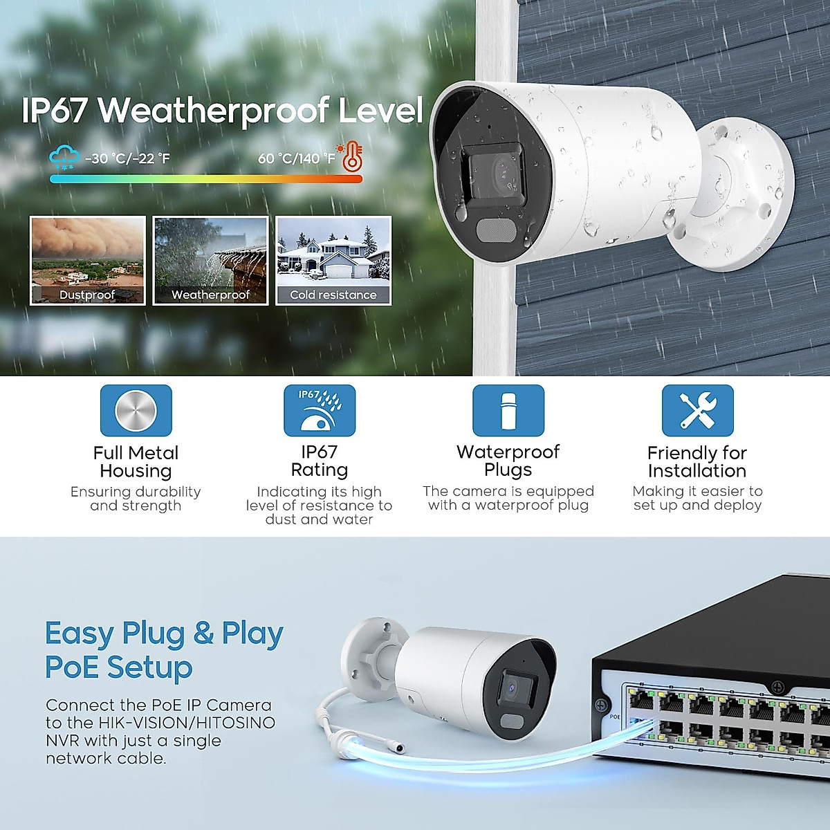 4MP Mini Bullet PoE IP Camera Outdoor, Strobe Light & Audible Warning, 131ft Full Color Night Vision, VCA, Human/Vehicle Detection, F1.0 Aperture, 2-Way Audio, 130dB WDR, 2.8mm Lens, Hik-Connect APP