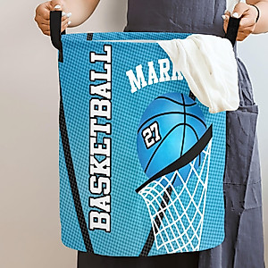 Custom Laundry Hamper,Basketball Blue Laundry Basket Round Clothes Storage Basket for Bedroom, 14.17x19.68 in