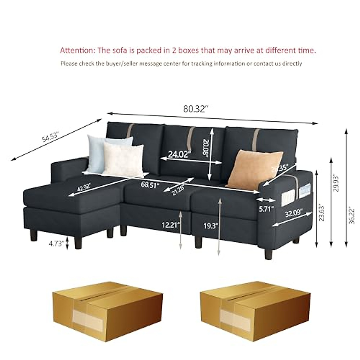 Pingliang Home 80" Sectional Sofas for Living Room, 3 Seat L Shaped Couch with Reversible Ottoman, Modern Linen Fabric Small Sectional Couch for Apartment Small Space, Dark Grey