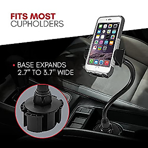 Macally Car Cup Holder Phone Mount - 8” Long Flexible Gooseneck Cell Phone Holder Car Cup Holder with 360° Adjustable Holder - Universal Cup Phone Holder Fits with/without Case up to 4.1” Wide