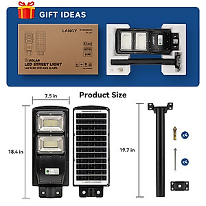 LANGY 2 Pack Solar Street Light 6000 Lumens, Light Control&PIR Motion Sensor, Dusk to Dawn Security Led Solar Street Light for Square,Yard, Garden,Basketball Court